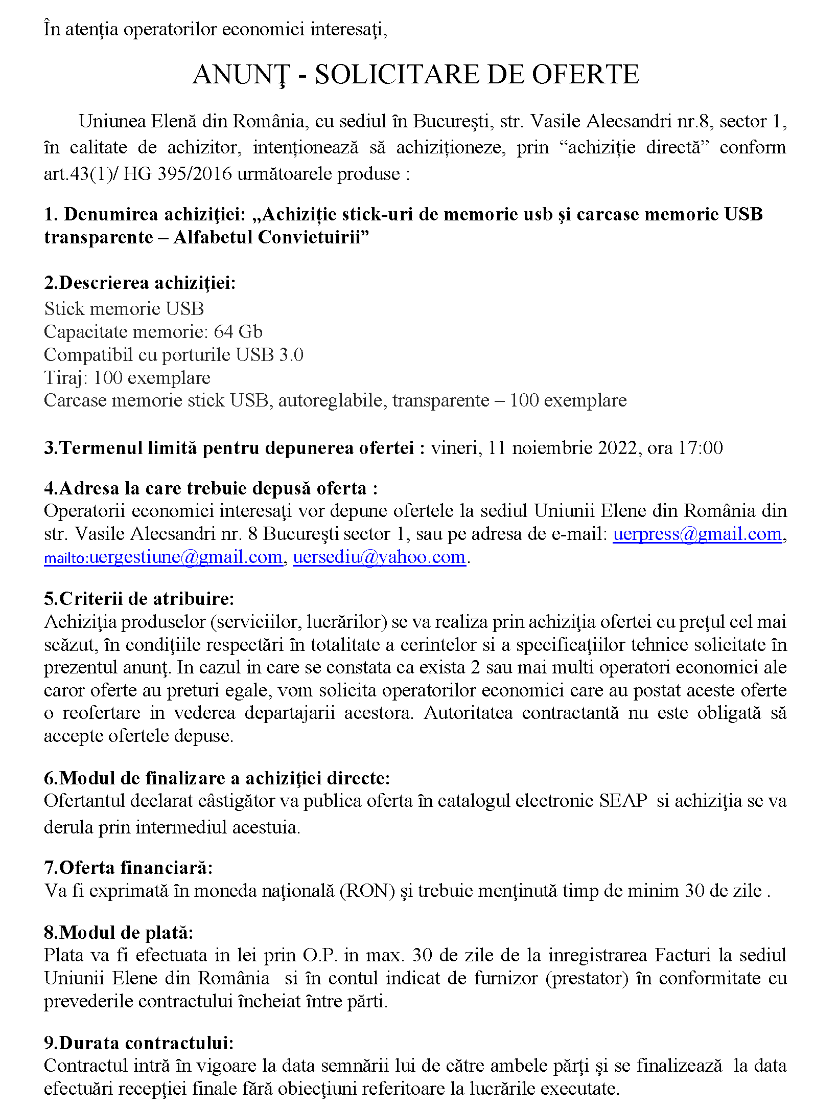 Achiziţie stick-uri USB personalizate – Uniunea Elenă din România